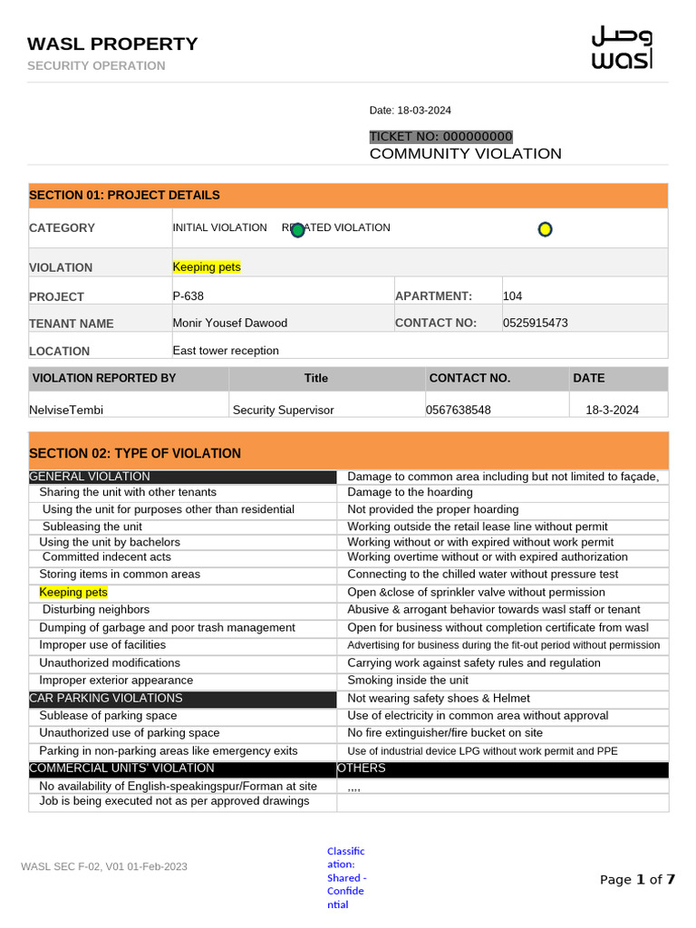 5th Repeated Violation Report P638 Unit104 Keeping Pets 09-11-2024 | PDF | Lease