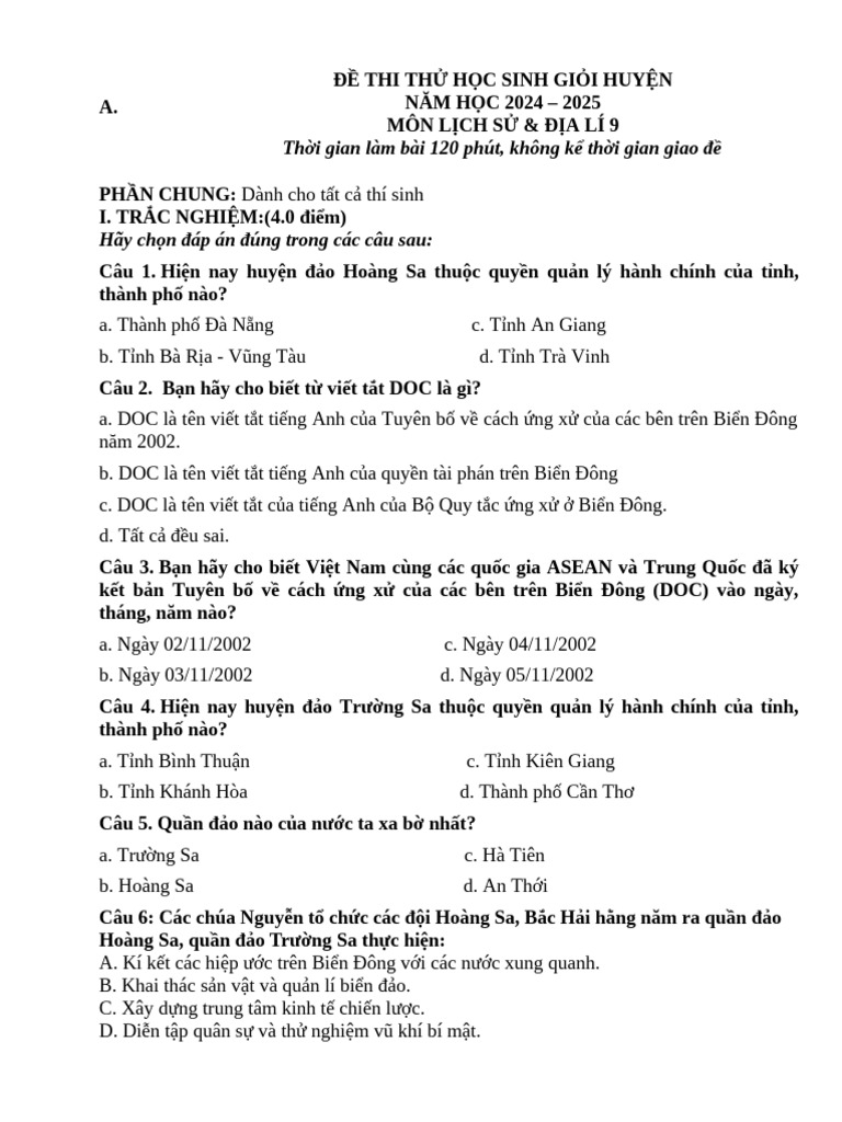 LS&ĐL ĐỀ THI THỬ HSG LỚP 9- LẦN 1 | PDF