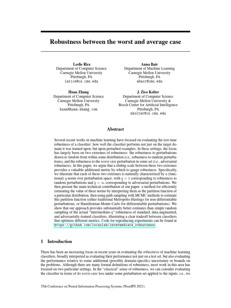 NeurIPS 2021 Robustness Between The Worst and Average Case Paper | PDF ...