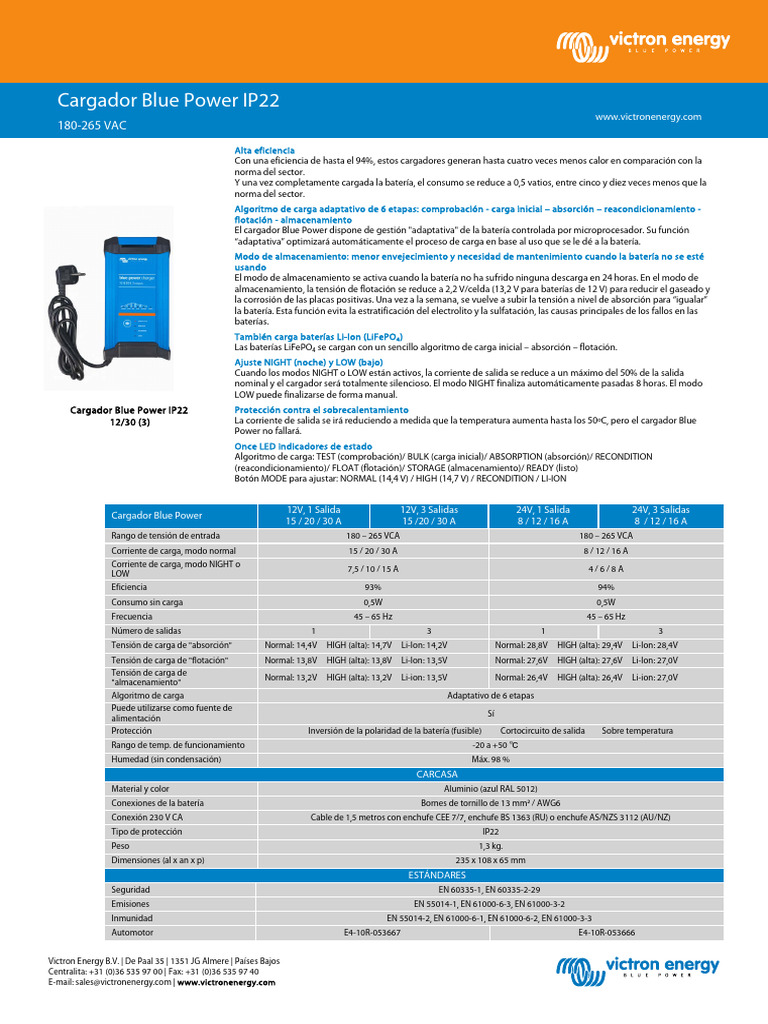 Datasheet Blue Power IP22 Charger 180 265 VAC ES | PDF | Cargador de batería | Electrónica