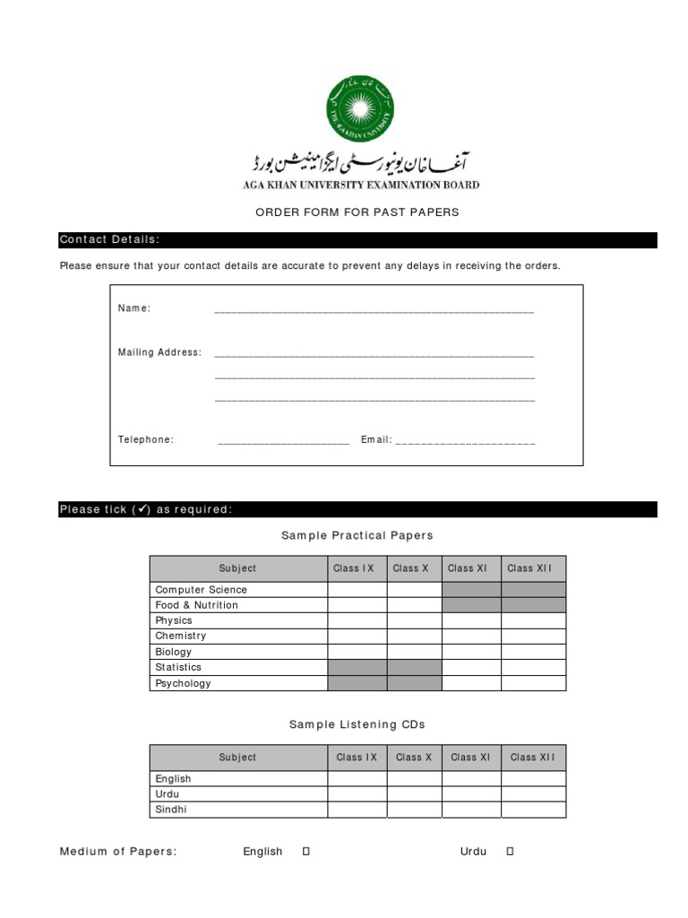 Order Form for Past Papers: Sample Examination Papers and Listening CDs ...