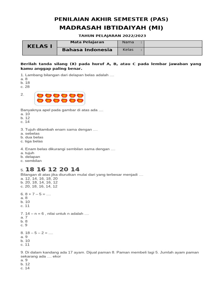 Soal MTK Kls 1 SMT 1 | PDF