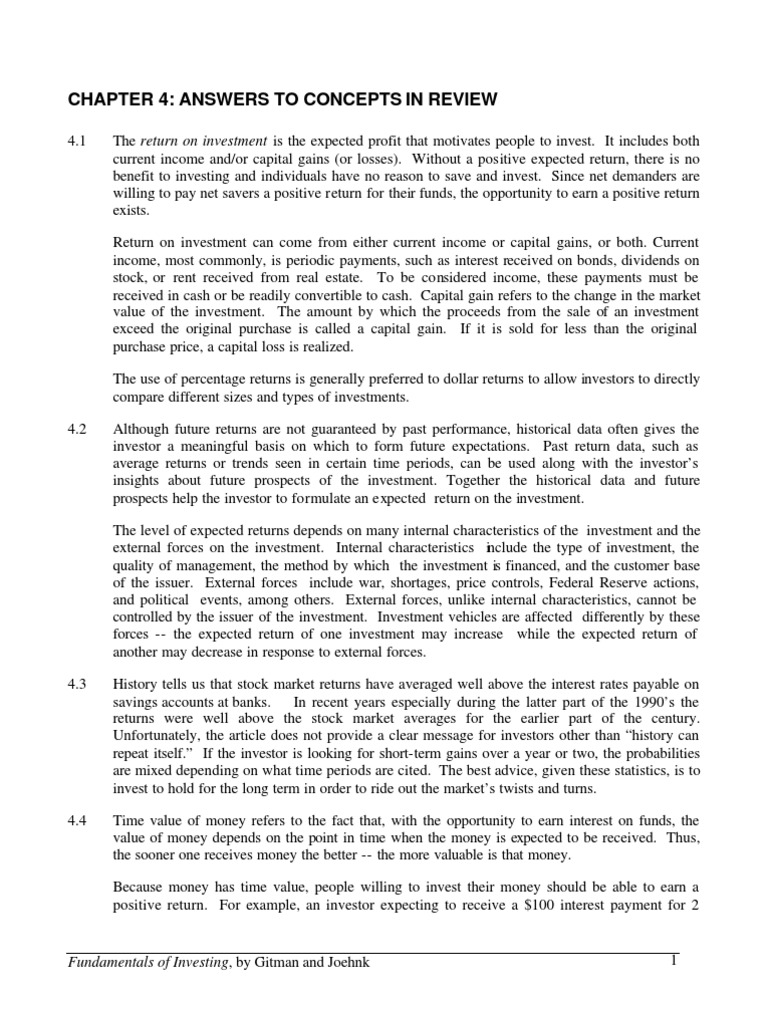 Chapter 4: Answers To Concepts in Review: Fundamentals of Investing, by Gitman and Joehnk | PDF ...