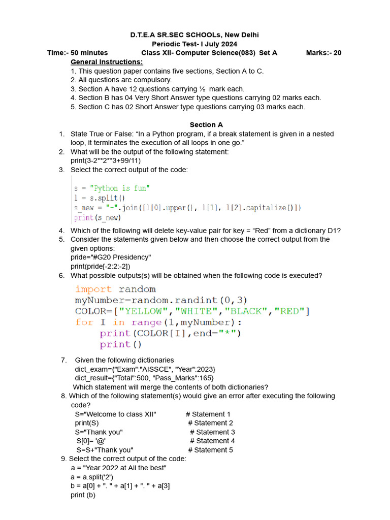 Class XII UT 1 CS Set A | PDF | Control Flow | Python (Programming Language)
