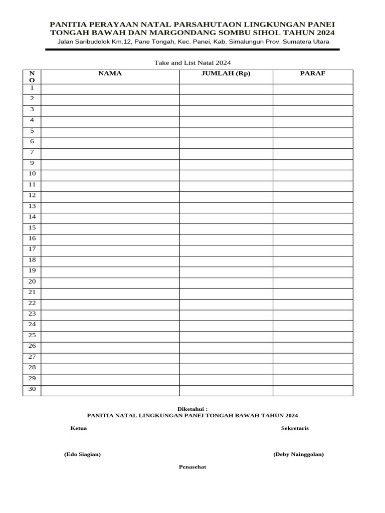 Contoh Taken List Natal 2024 | PDF