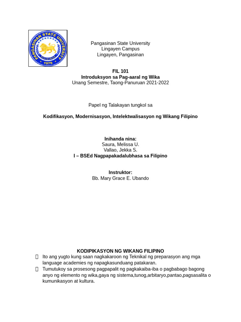 Kodifikasyon Modernisasyon Intelektwalisasyon NG Wikang Filipino 1 | PDF
