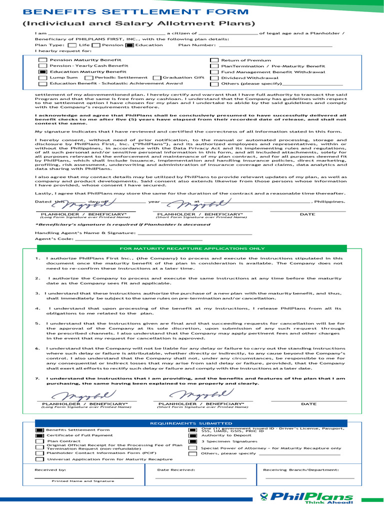 BENEFIT SETTLEMENT FORM - Final | PDF | Insurance | Business