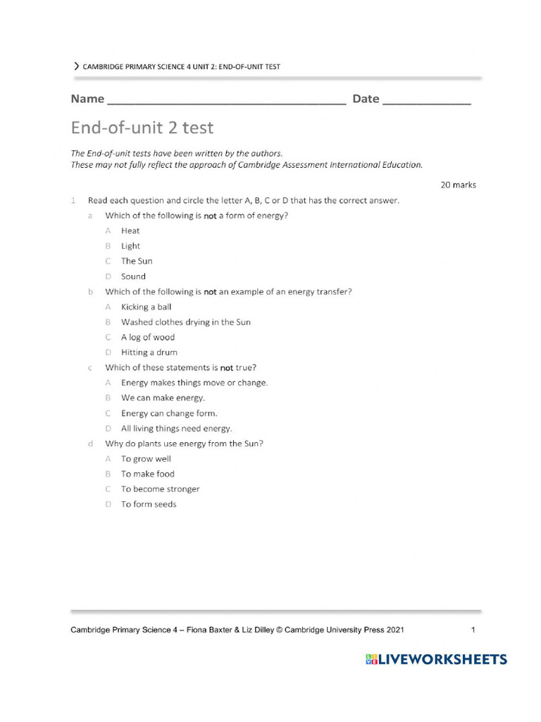 Cambridge Primary Science Unit 2 Test | PDF