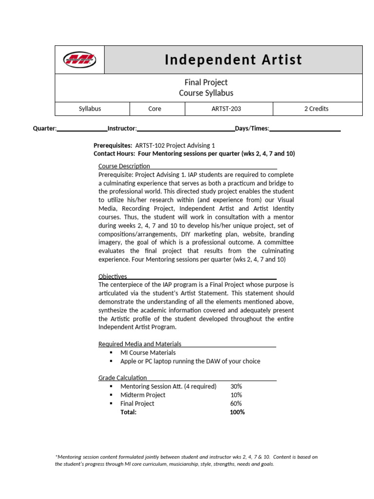 Artst-203 Final Project Syllabus - Su2021 | PDF | Computing