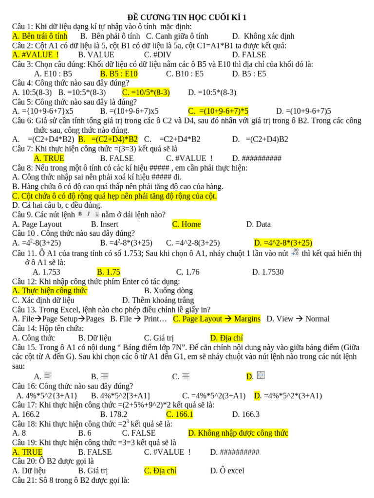 De Cuong Trac Nghiem Tin Hoc Cuoi Ki | PDF