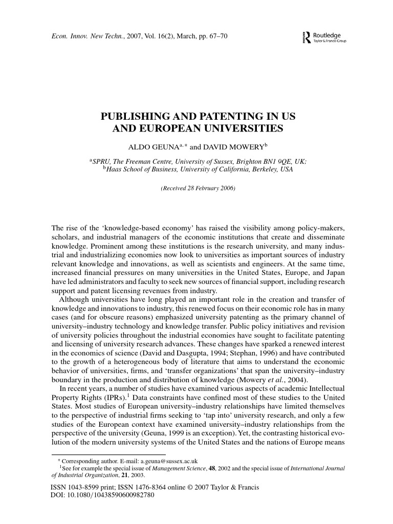 Geuna Mowery - Publishing and Patenting in US and European Universities (2007) | PDF | Patent ...