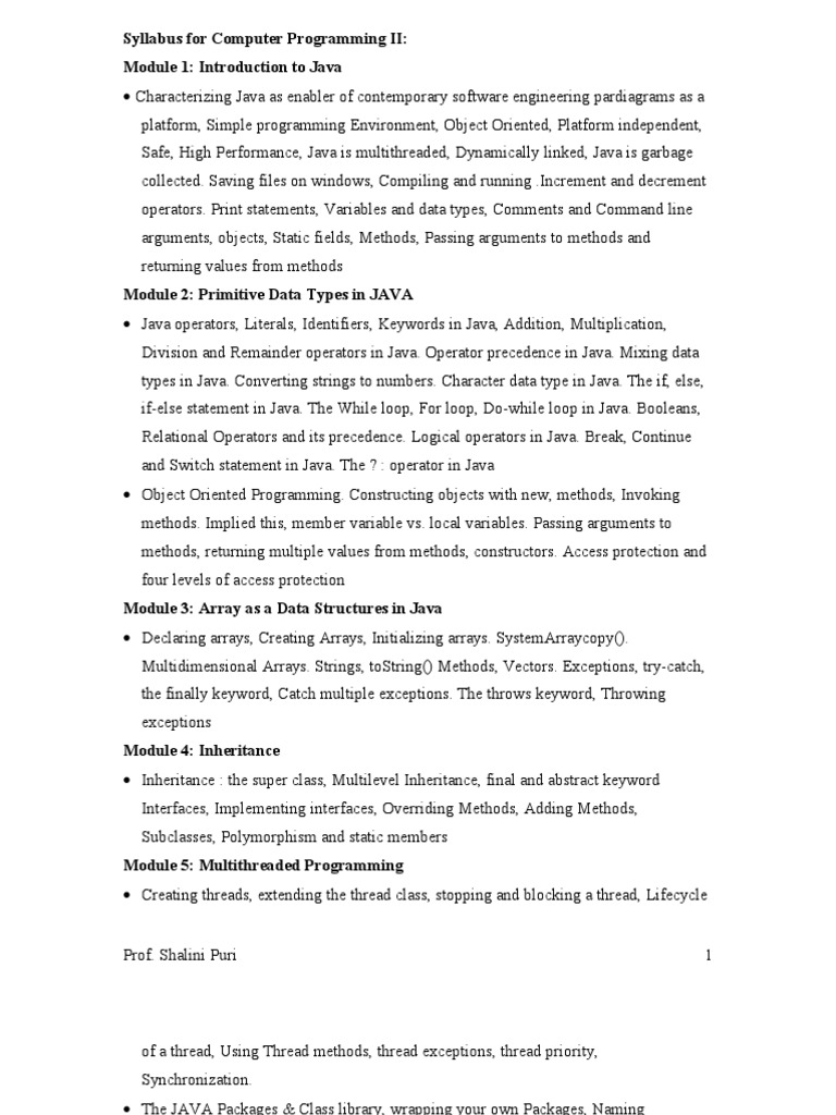 Syllabus For Computer Programming Ii Module 1 Introduction To Java Pdf Control Flow Java