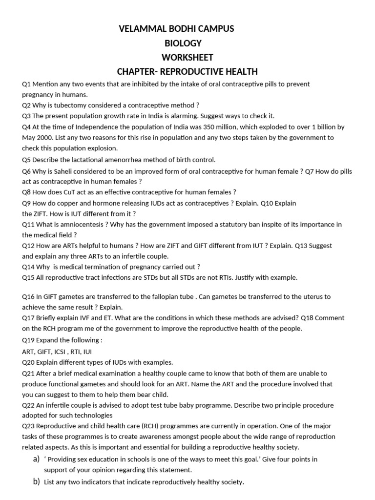 Work Sheet - Reproductive Health | PDF | Birth Control | In Vitro ...