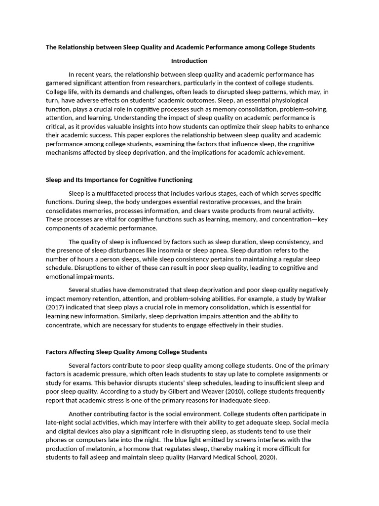 The Relationship Between Sleep Quality and Academic Performance Among College Students | PDF ...