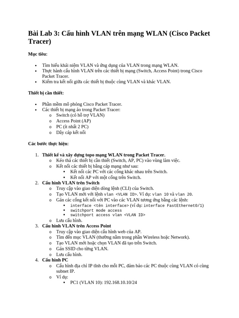 Bài Lab 3: Cấu hình VLAN trên mạng WLAN (Cisco Packet Tracer) | PDF