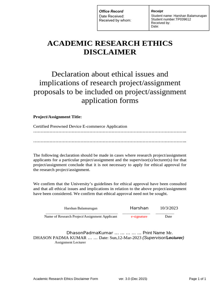 Academic Research Disclaimer | PDF