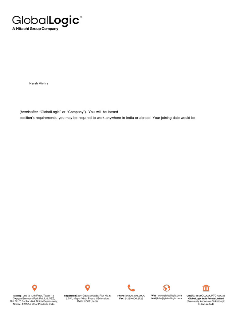 Offer Letter Globallogic | PDF | Non Disclosure Agreement | Background Check