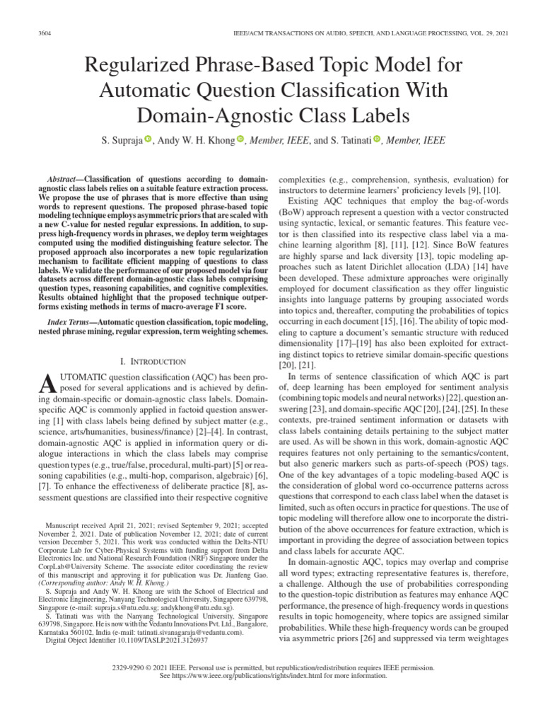Regularized Phrase-Based Topic Model For Automatic Question Classification With Domain-Agnostic ...