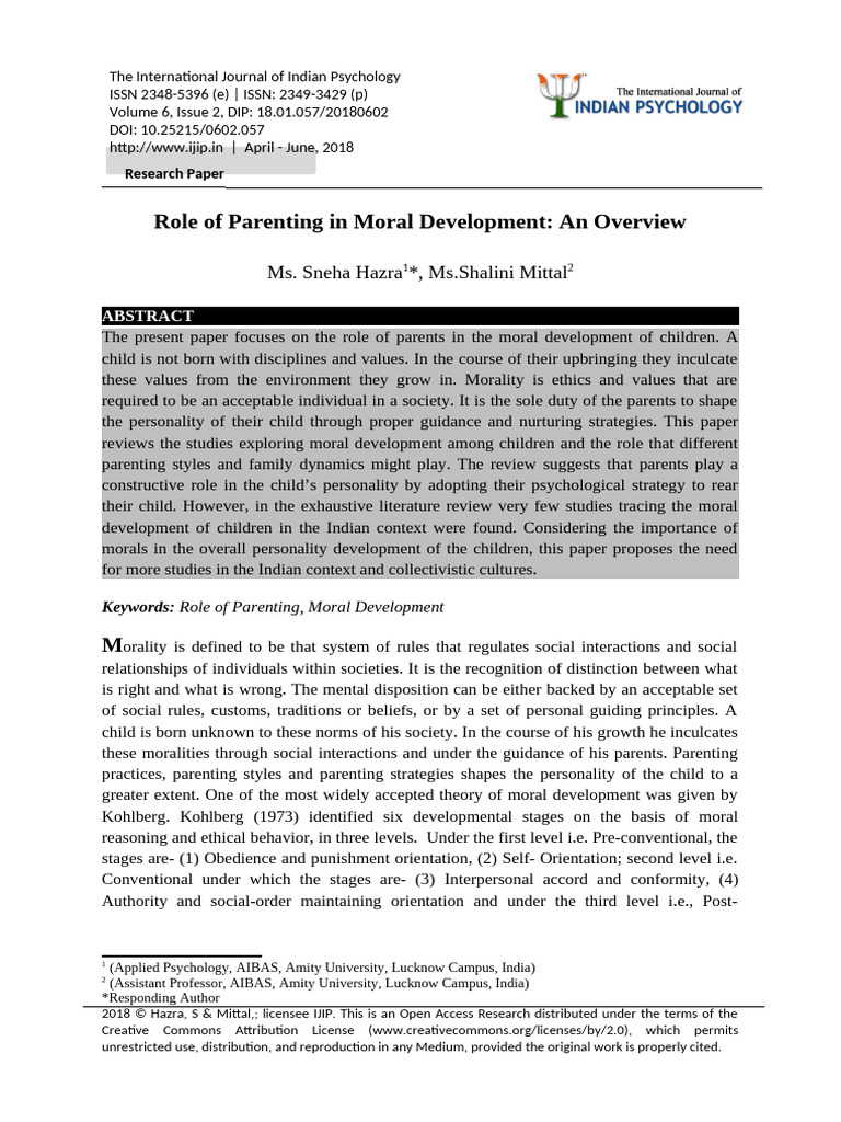 Role of Parenting in Moral Development: An Overview: Ms. Sneha Hazra, Ms - Shalini Mittal | PDF ...