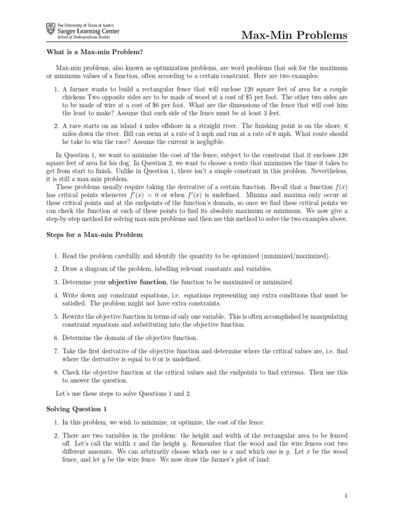MaxMinProblems Handout | PDF | Mathematical Optimization | Function (Mathematics)