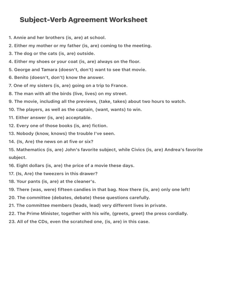 Subject-Verb Agreement Practice Worksheet | PDF