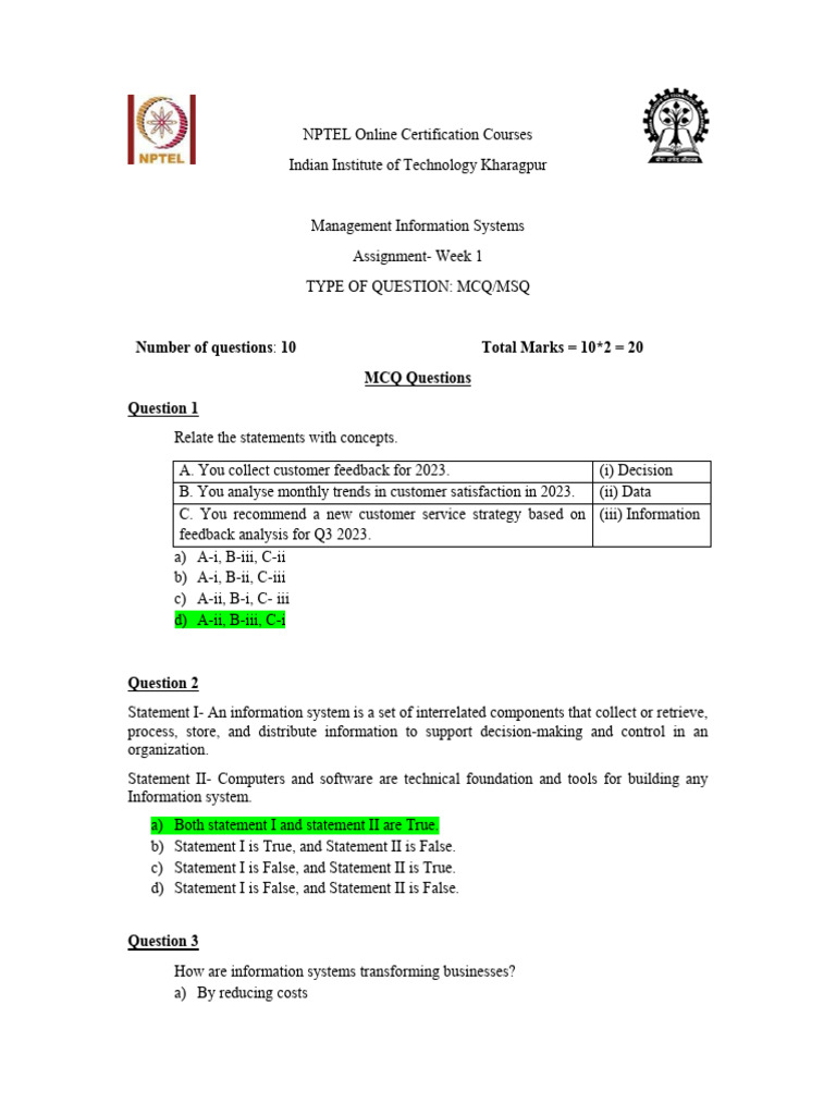 Number of Questions 10 Total Marks 10 2 20 MCQ Questions | PDF | Cloud Computing | Analytics