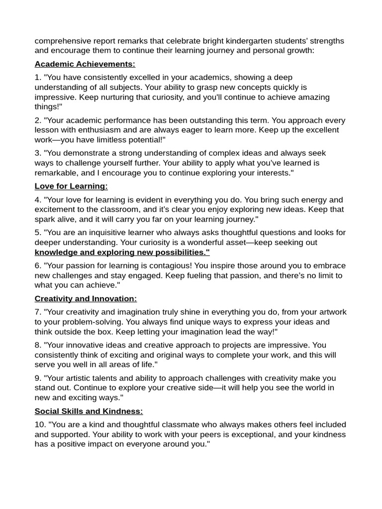 Comprehensive Report Remarks That Celebrate Bright Kindergarten ...