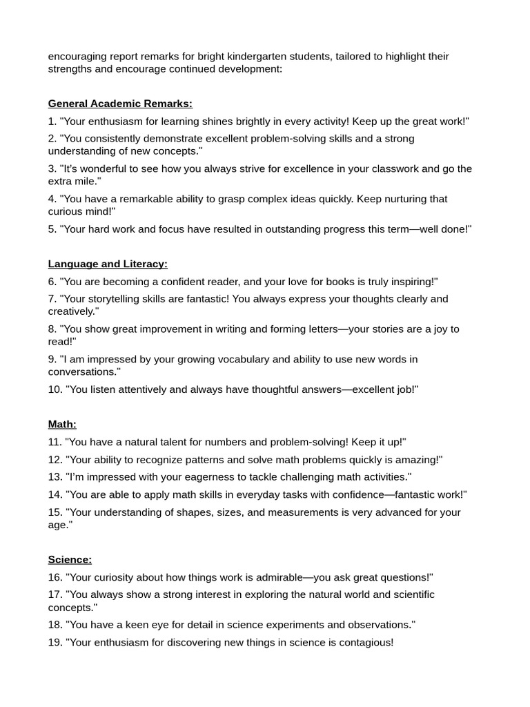 Encouraging Report Remarks For Bright Kindergarten Students | PDF | Creativity | Science