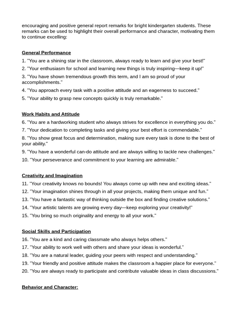 Positive Remarks for Kindergarten Students | PDF | Learning | Creativity