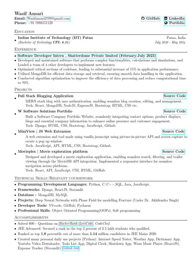 IITP Resume Btech | PDF | Java Script | Mobile App