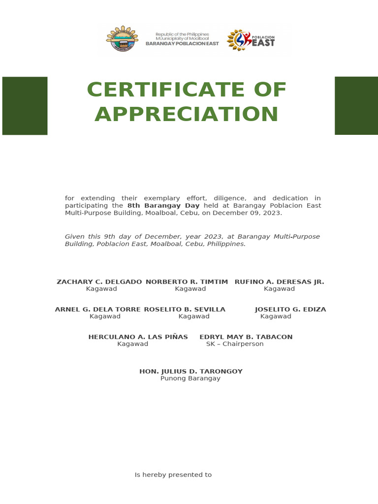 Certificate of Appreciation for Barangay Day | PDF