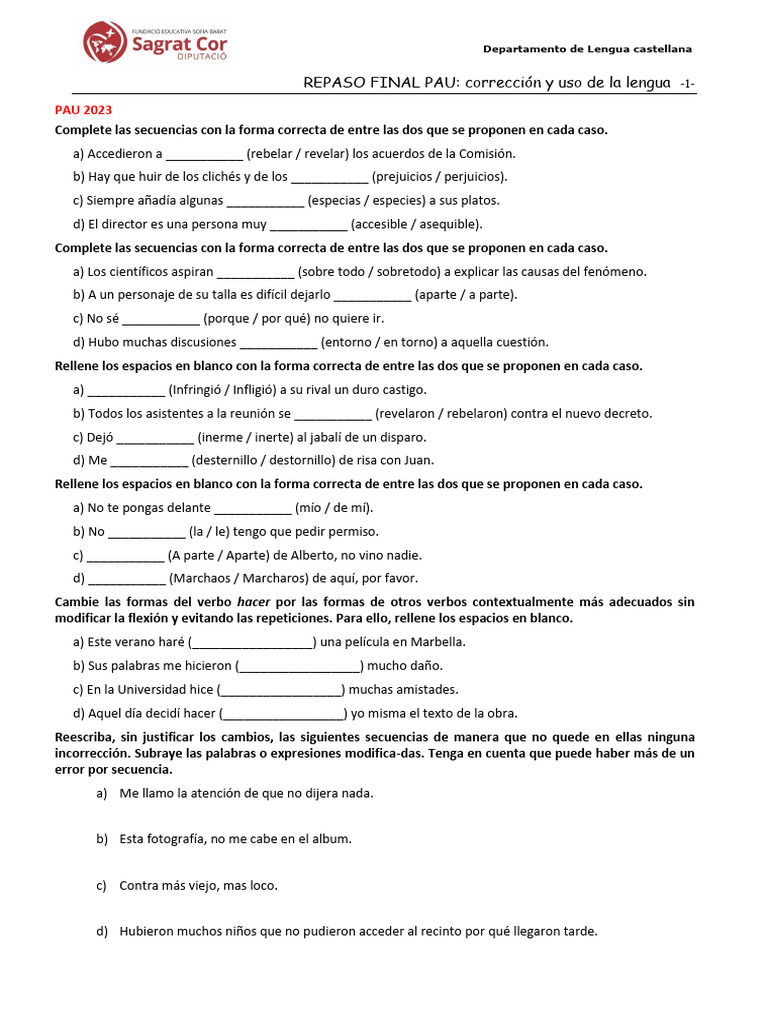 Repaso PAU - CorrecciÃ N y Uso de La Lengua | PDF | Morfología | Relaciones sintácticas