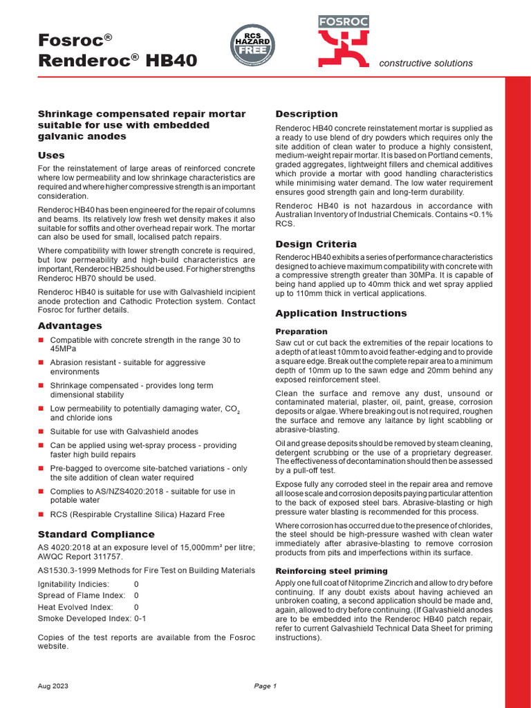 Fosroc Renderoc HB40 TDS | PDF | Concrete | Composite Material