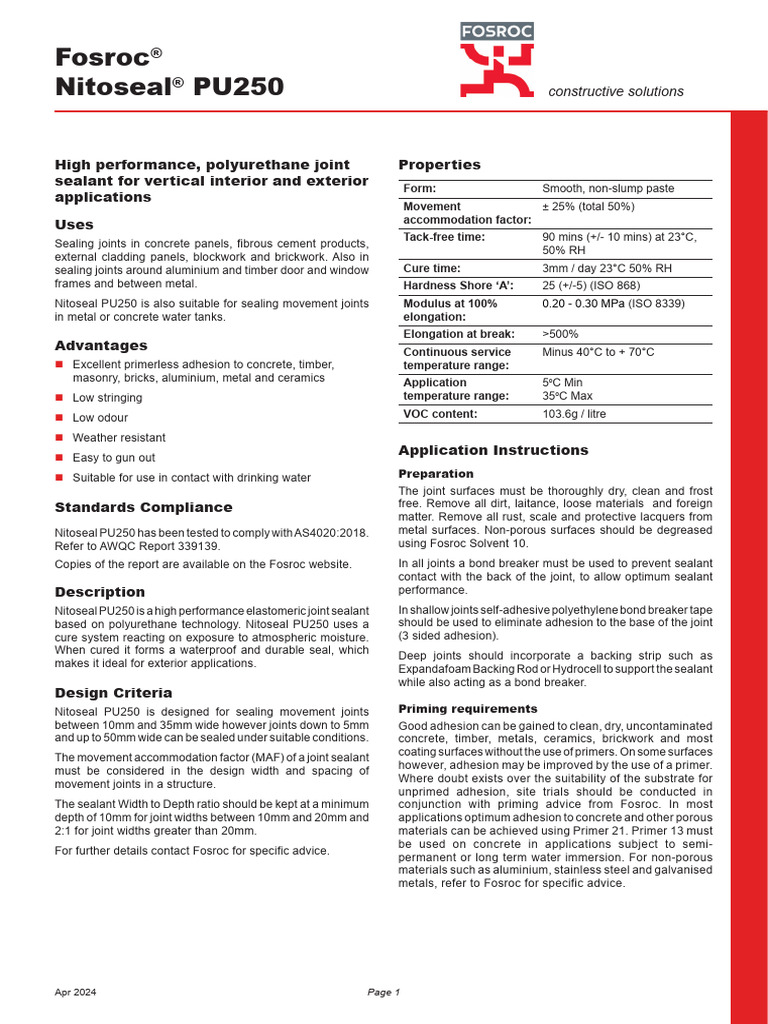 Fosroc Nitoseal PU250 TDS | PDF | Building Engineering | Building Materials