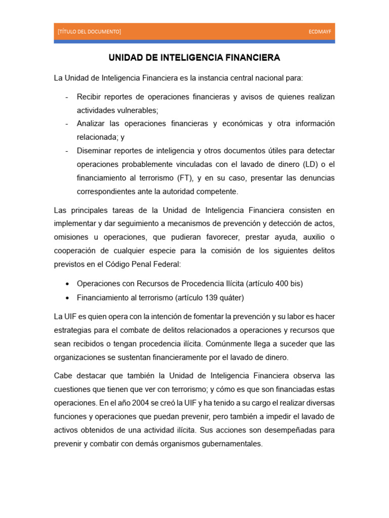 Funciones de la Unidad de Inteligencia Financiera | PDF | Lavado de ...