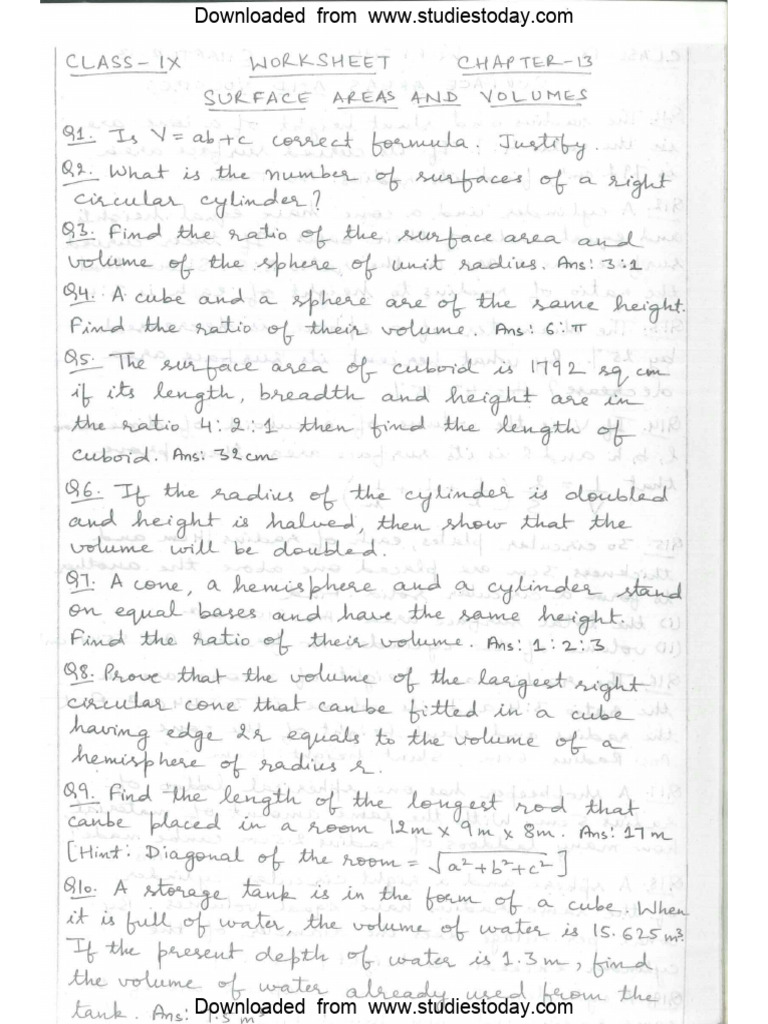 CBSE Class 9 Mathematics Worksheet - Surface Areas and Volumes | PDF
