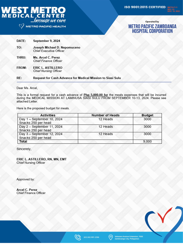 Sample Request For Cash Advance Letter 1 | PDF