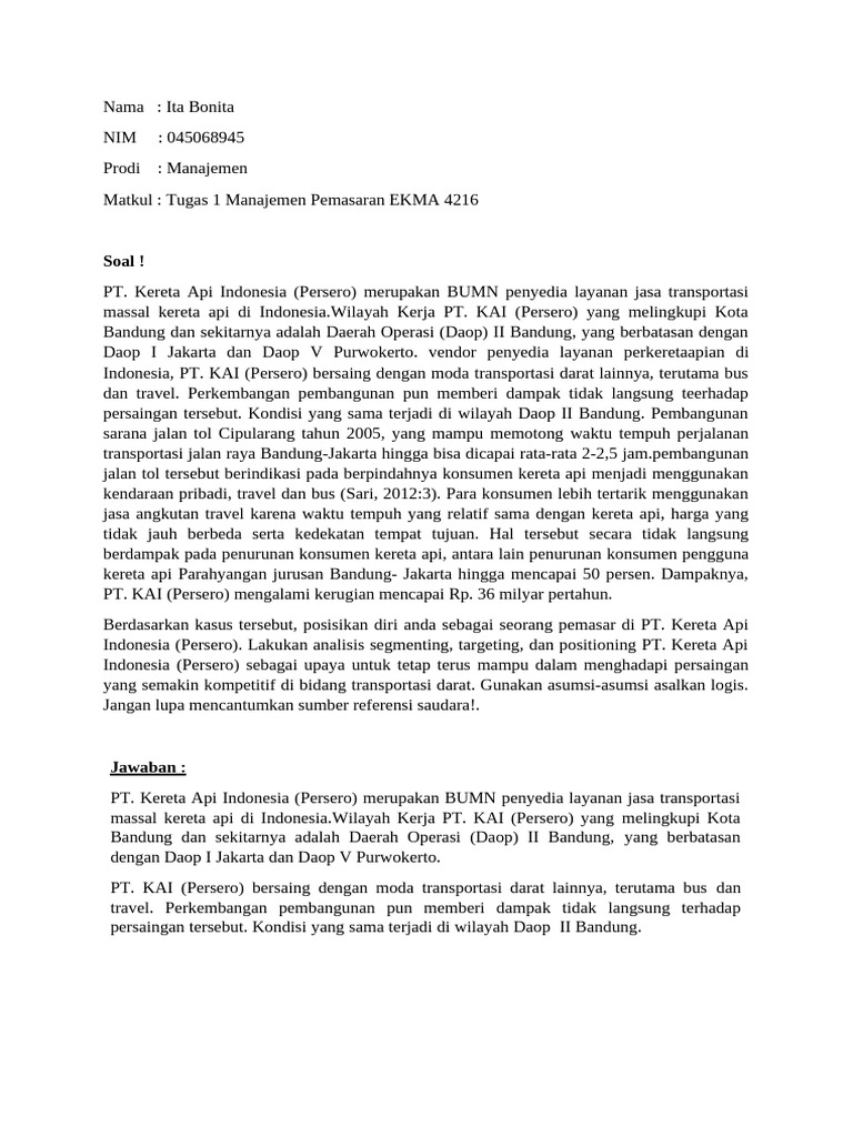 Tugas 1 EKMA 4216JAWABAN Manajemen Pemasaran | PDF | Komputer