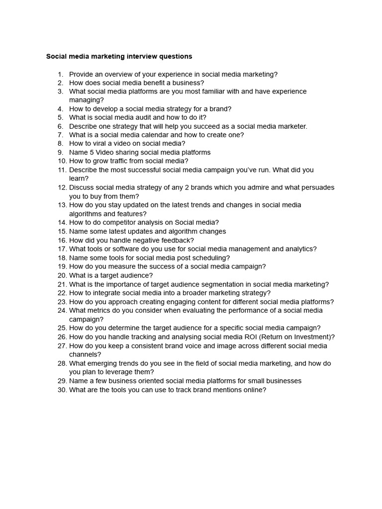Social Media Marketing Interview Questions | PDF | Career & Growth ...