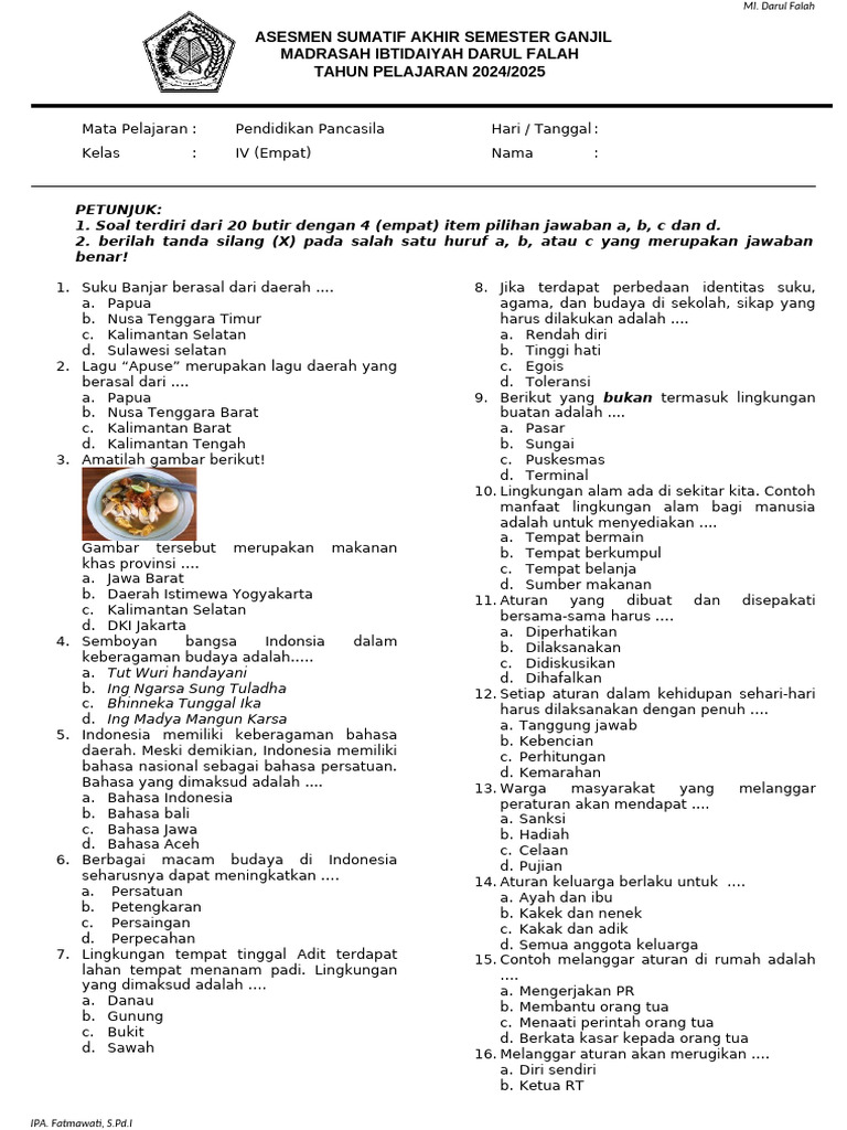 Asesmen Sumatif Akhir Semester Ganjil Pend. Pancasila KLS 4 | PDF