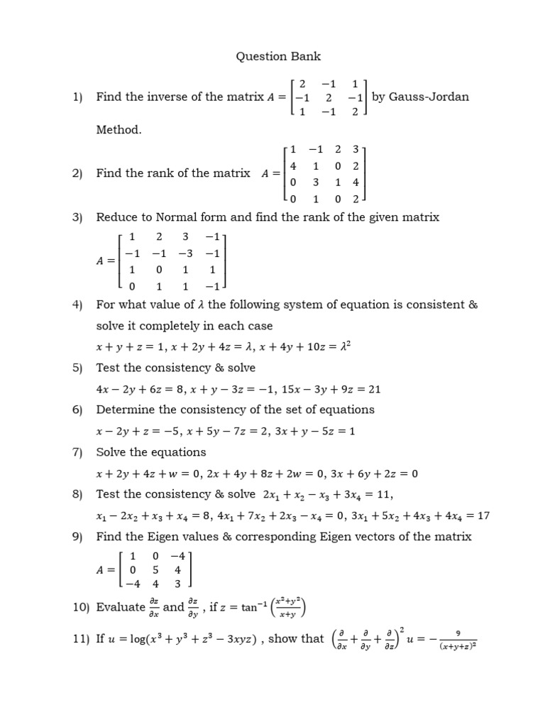 Question Bank M-I | PDF | Eigenvalues And Eigenvectors | Matrix (Mathematics)