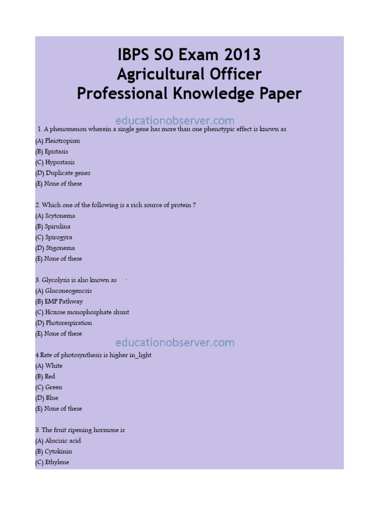 IBPS SO Exam 2013 Agricultural Officer Professional Knowledge Exam ...