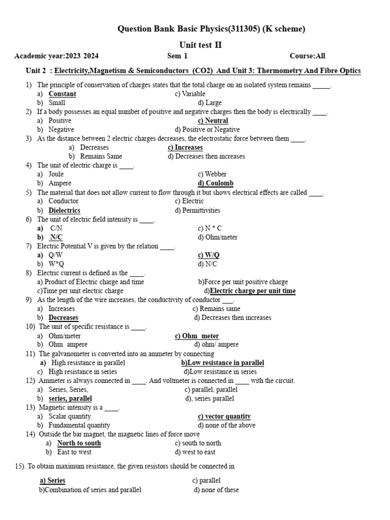 Basic Physics - Unit Test - 2 030224 | PDF | Electricity | Electrical ...