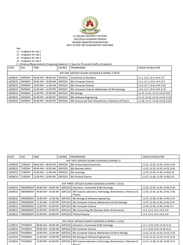 2022-2023 2ND Semester CBT Examination Timetable | PDF | Science ...