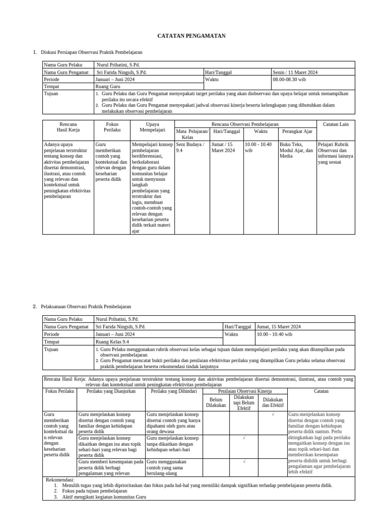 Contoh Lembar Observasi Kelas PMM | PDF | Karier & Perkembangan | Pengembangan Diri