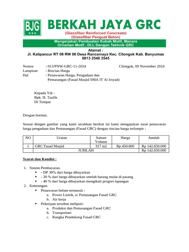 Penawaran Fasad GRC Masjid Al Irsyad | PDF