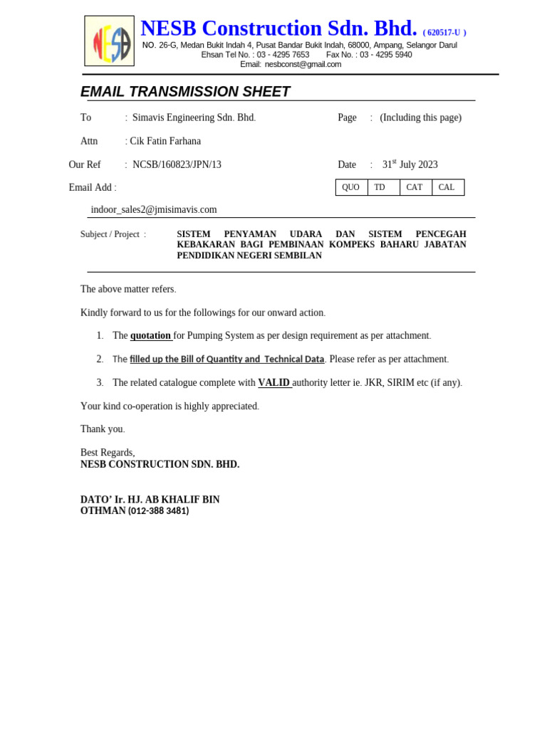 NESB Construction Email Request for Quotation | PDF