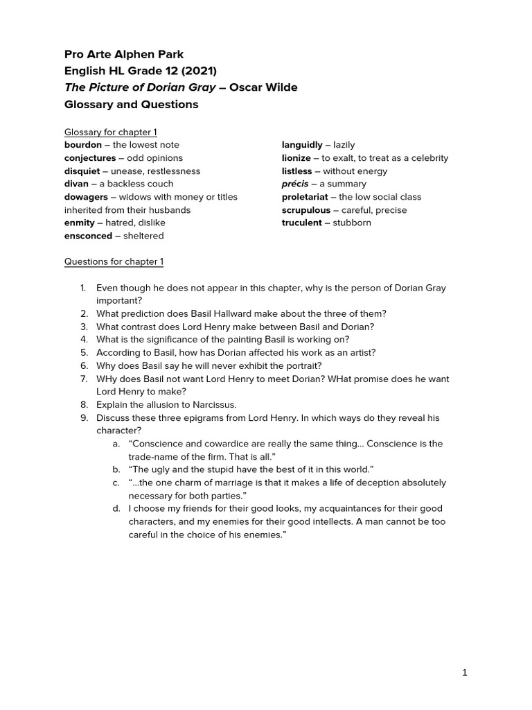 Dorian Gray Chapter 1 Questions | PDF | The Picture Of Dorian Gray