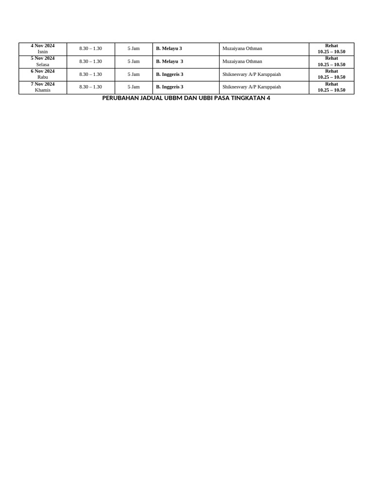 Perubahan Jadual Ubbm Ubbi | PDF