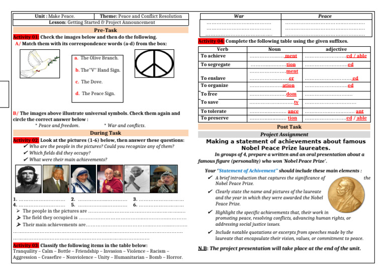 Make Peace Introduction Worksheet | PDF | Nobel Prize | Languages